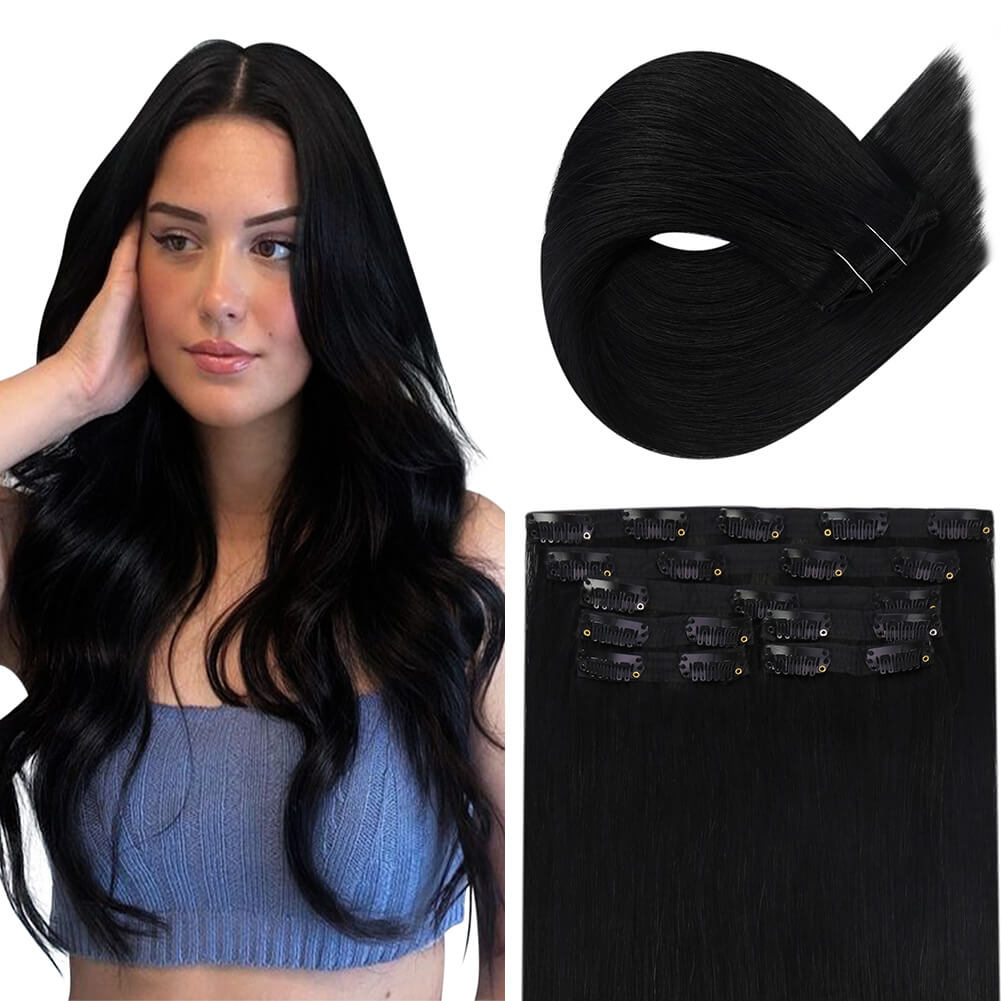 Clip in Hair Extensions Double Weft Virgin Human Hair Black #1 — SunnyHair